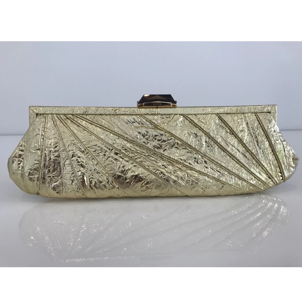 Kotur Gold Leather Jeweled Clasp Clutch Nwots! - Gem
